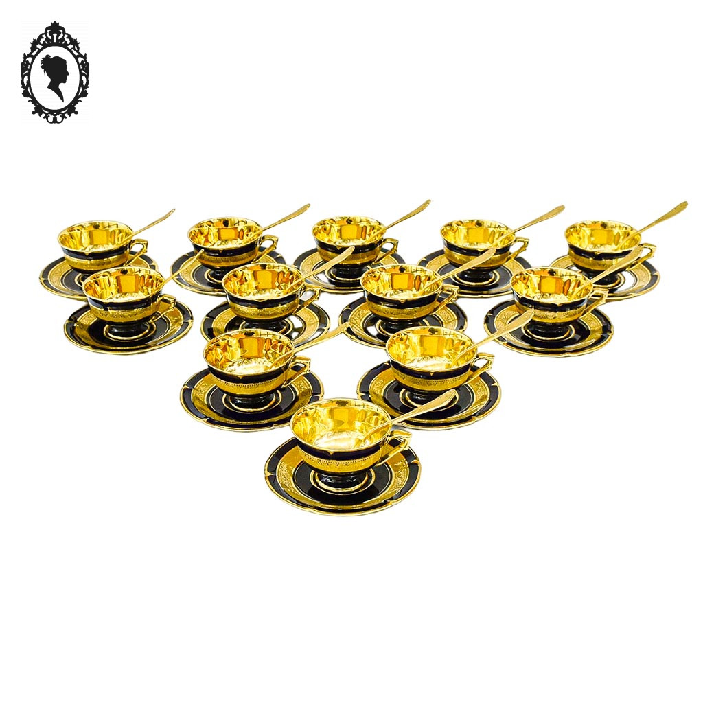 Service 12 tasses porcelaine d’Art Legle Limoges France bleu or