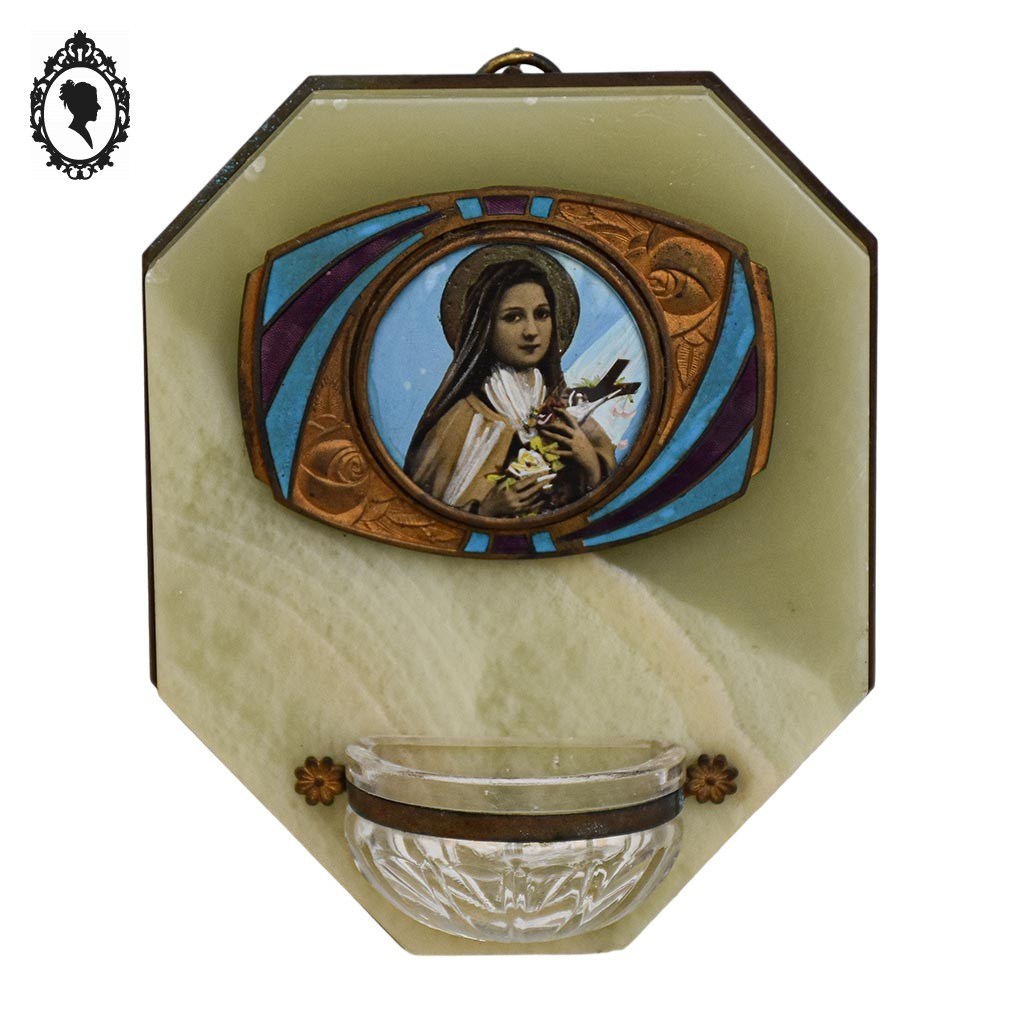 Bénitier mural Sainte Bernadette marbre onyx vert art déco ancien